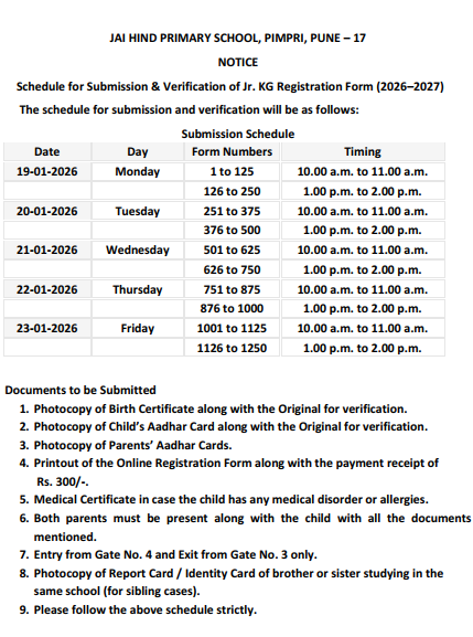 Online Admission Notice – Jai Hind Primary School